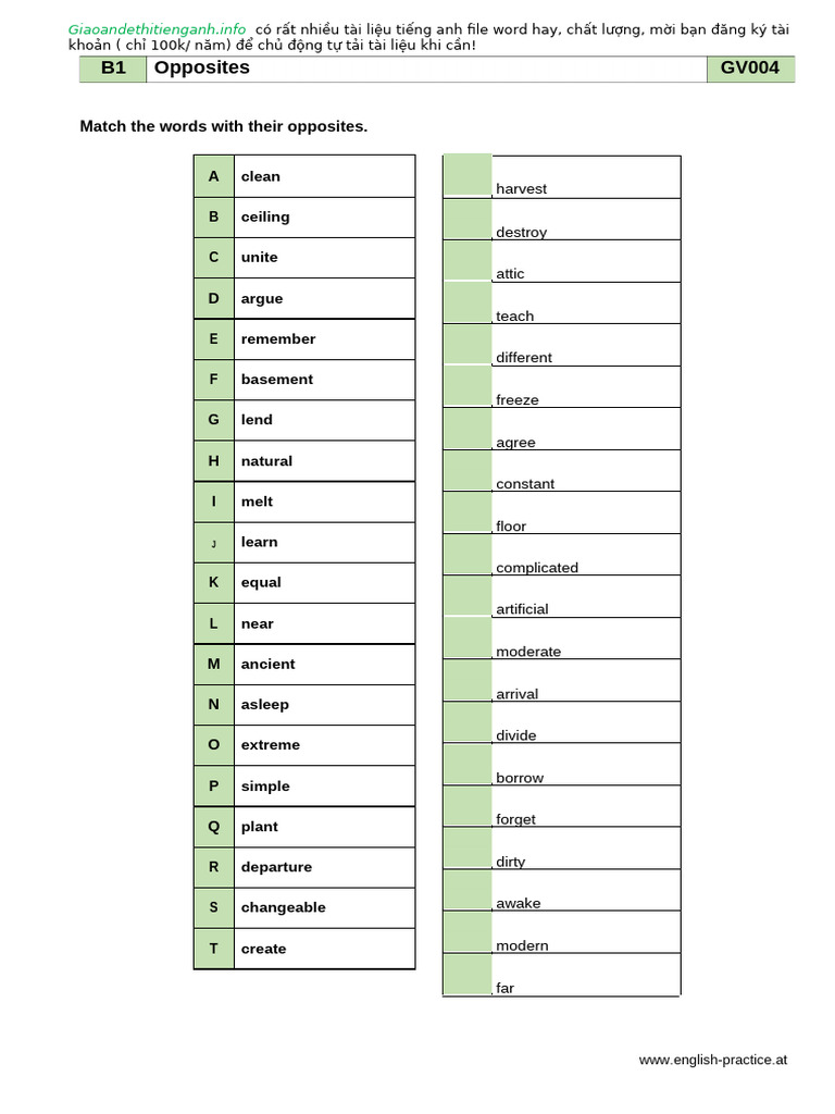 Opposite Words Matching Exercise | PDF