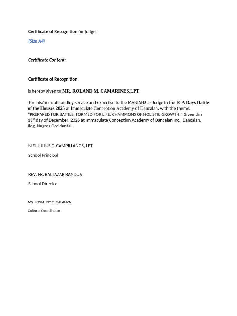 Certificate of Recognition for Judges | PDF