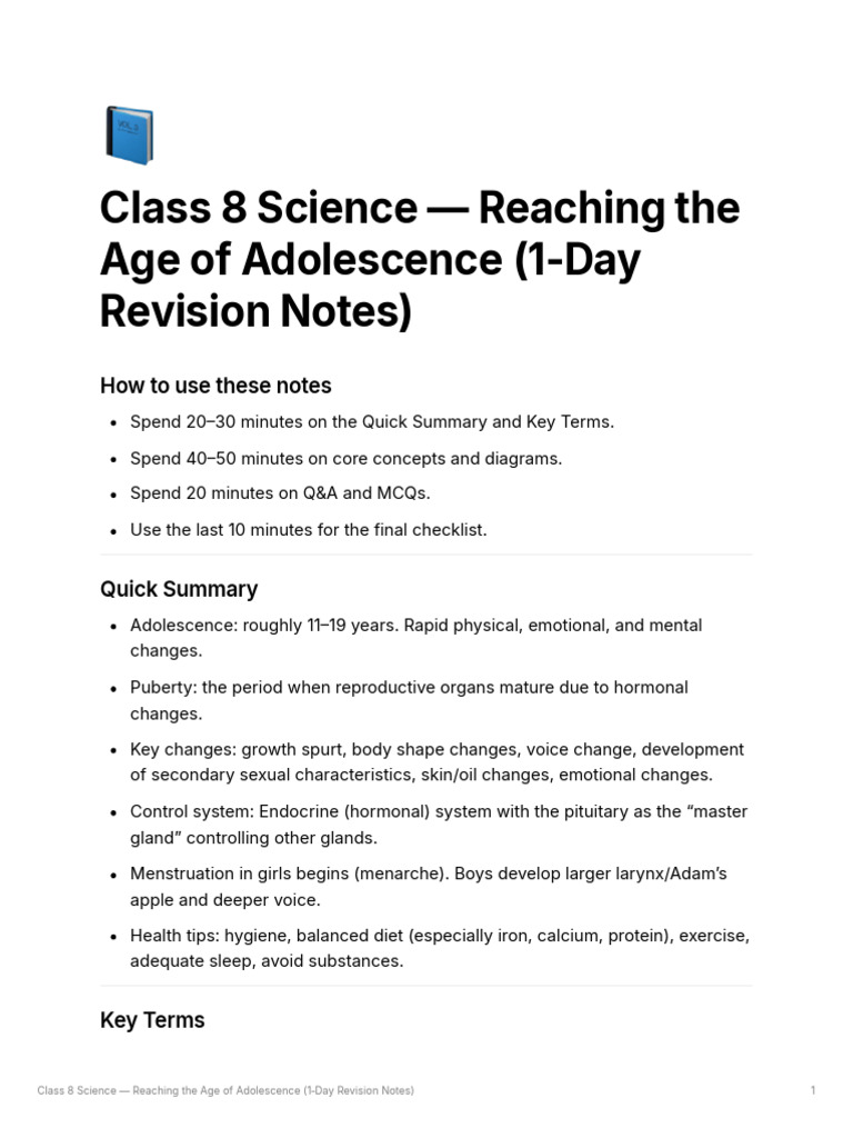 Class 8 Science: Adolescence Revision Guide | PDF | Puberty | Menstrual ...