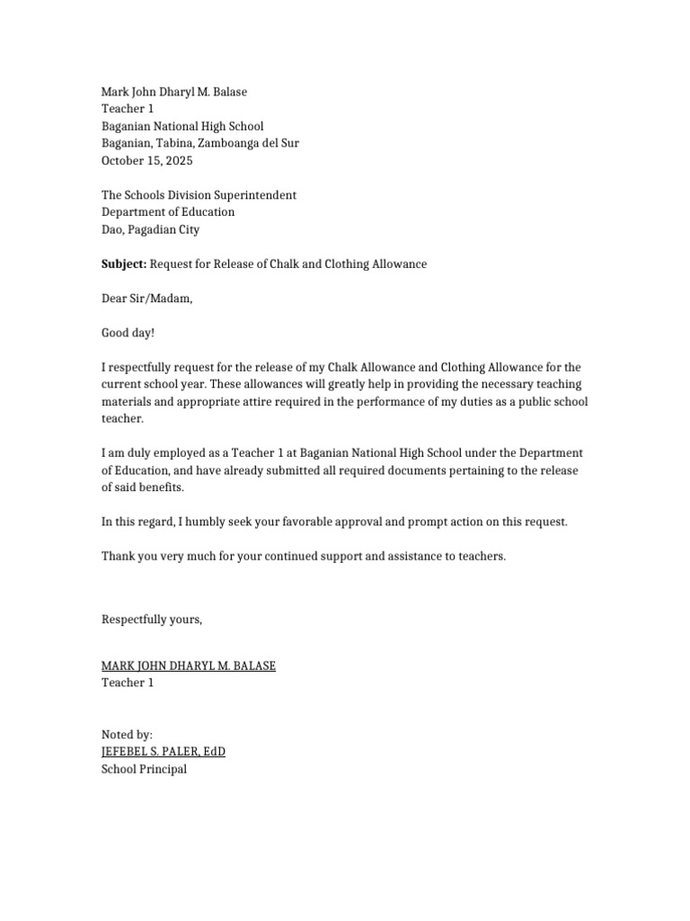 Letter Request For Chalk and Clothing Allowance | PDF