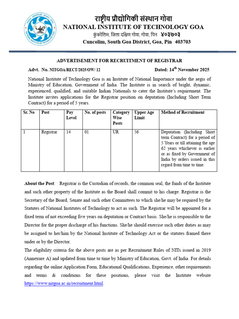 NIT Goa Registrar Recruitment 2025 | PDF