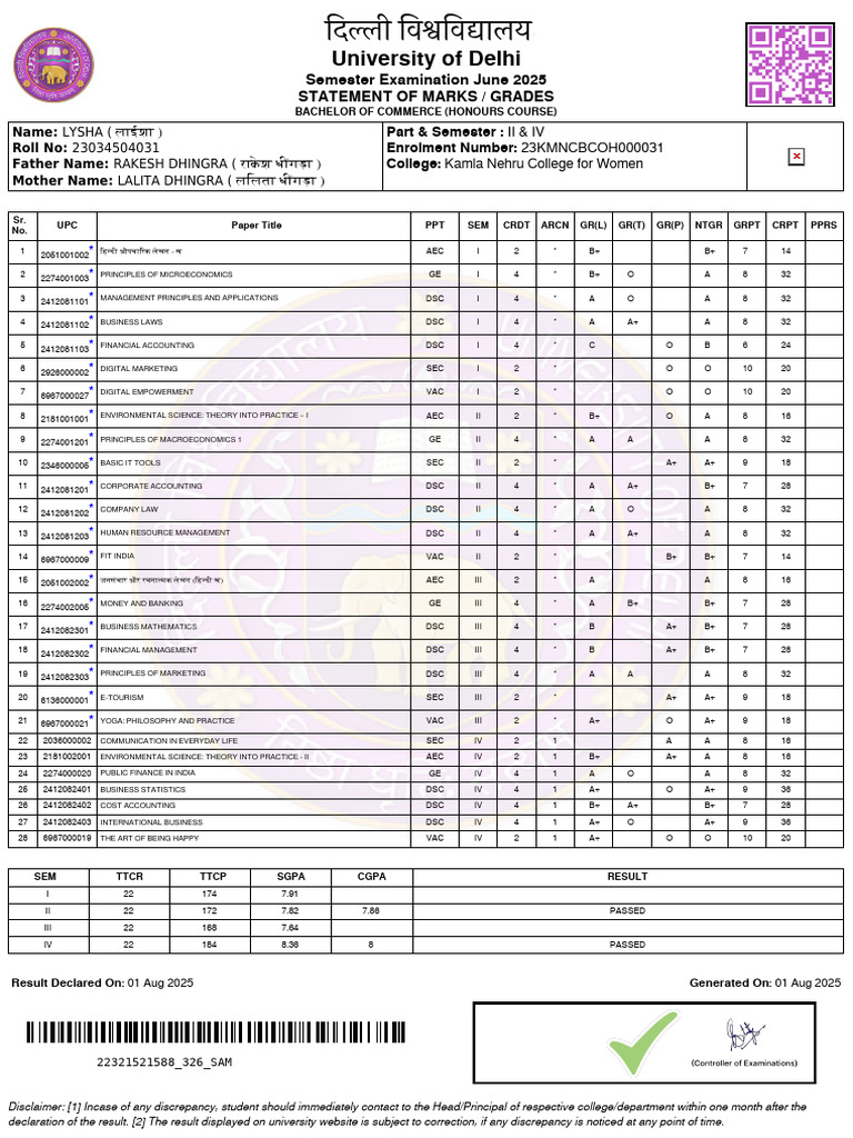 University of Delhi: Semester Examination June 2025 Statement of Marks ...