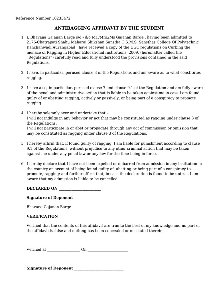 Anti Ragging Affidavit Form | PDF | Affidavit