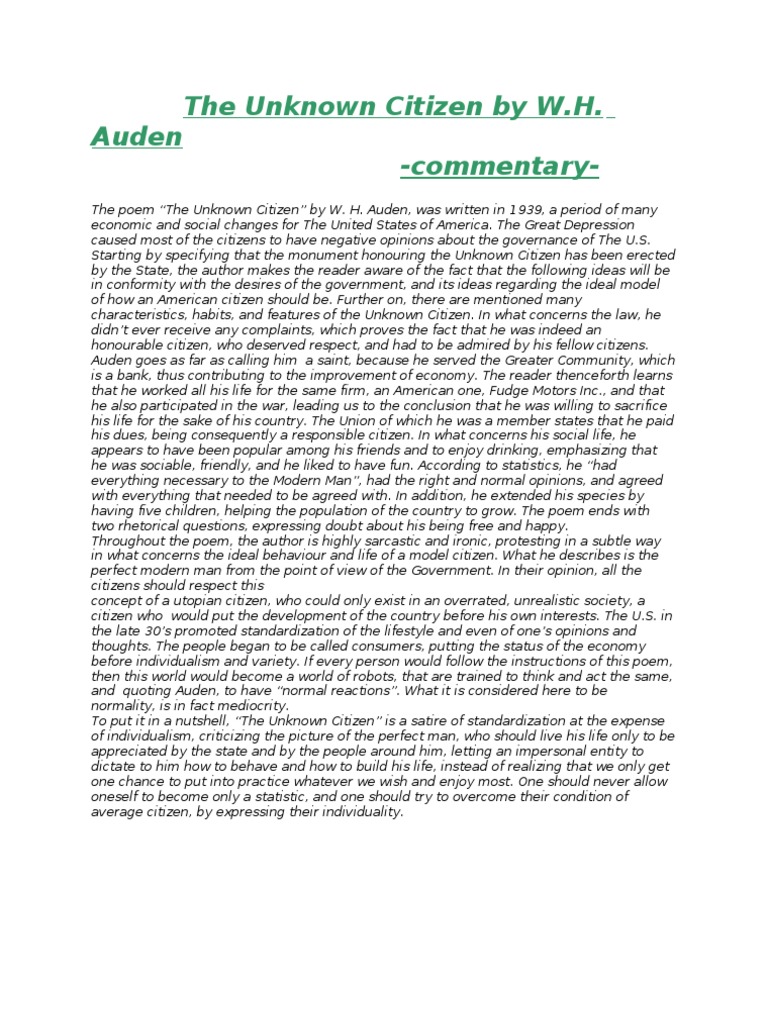 The Unknown Citizen By Wh Auden Literrary Comment Pdf