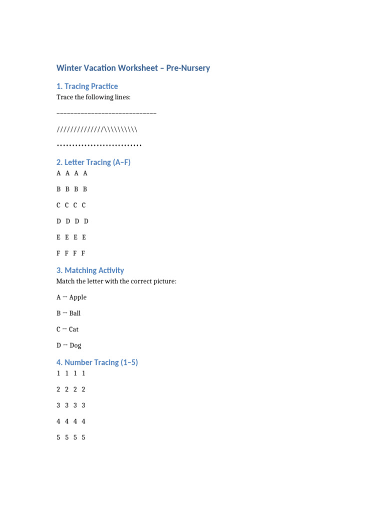 Winter Vacation Pre-Nursery Worksheet | PDF