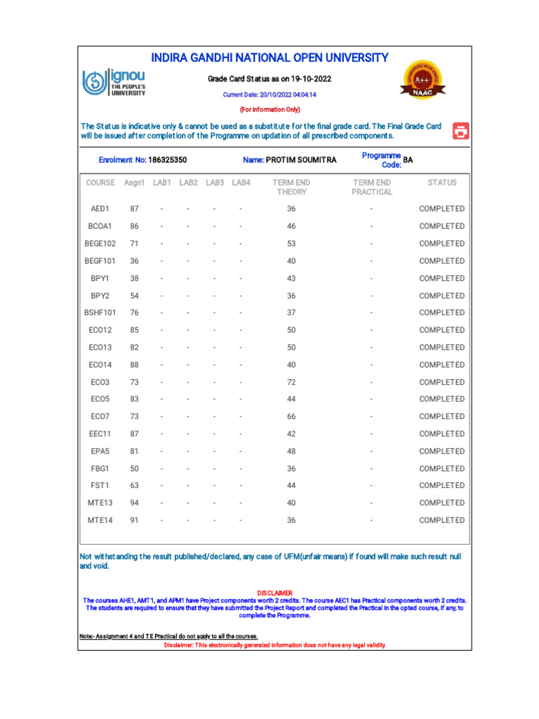 IGNOU Grade Card_compressed | PDF