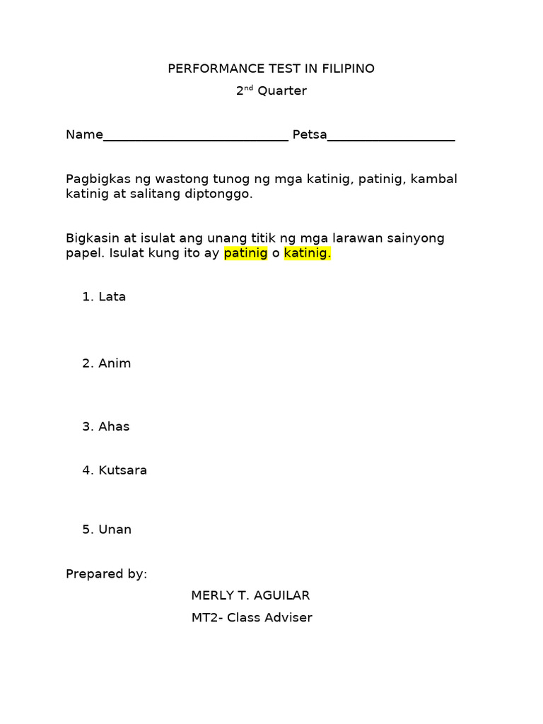 Performance Test in Filipino | PDF