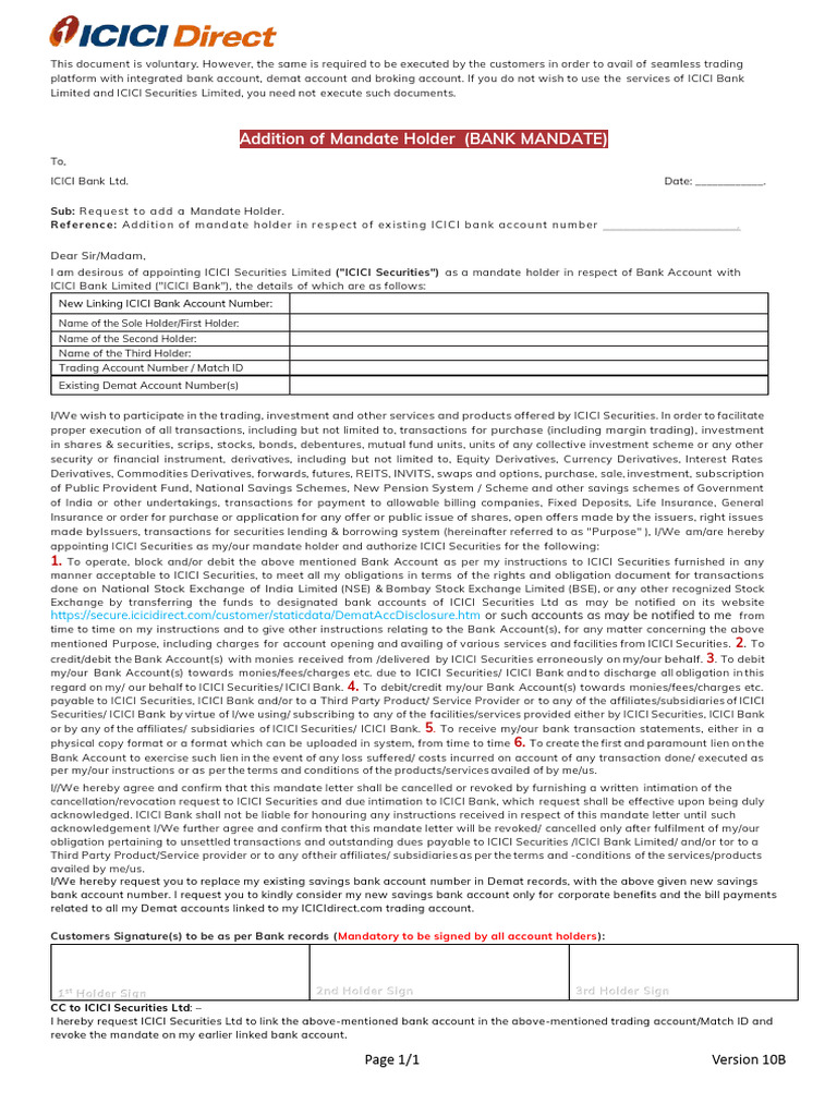 ICICI Bank Mandate Holder Addition Form | PDF | Securities (Finance ...
