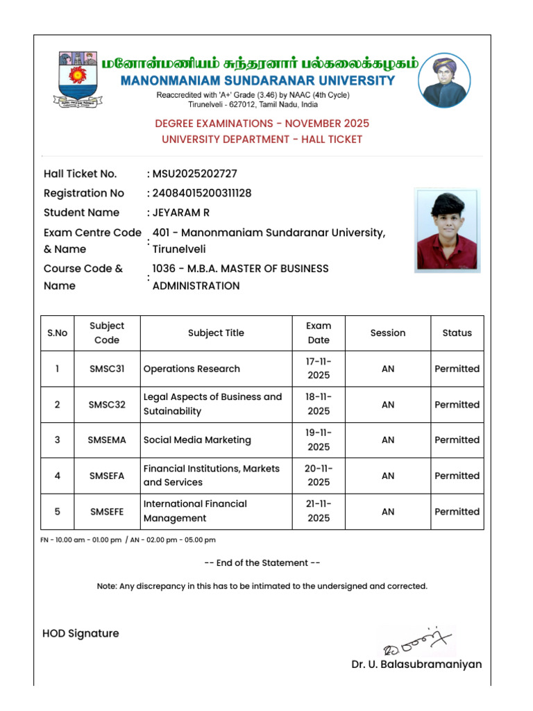 Jeyaram Sem 3 Hall Ticket | PDF