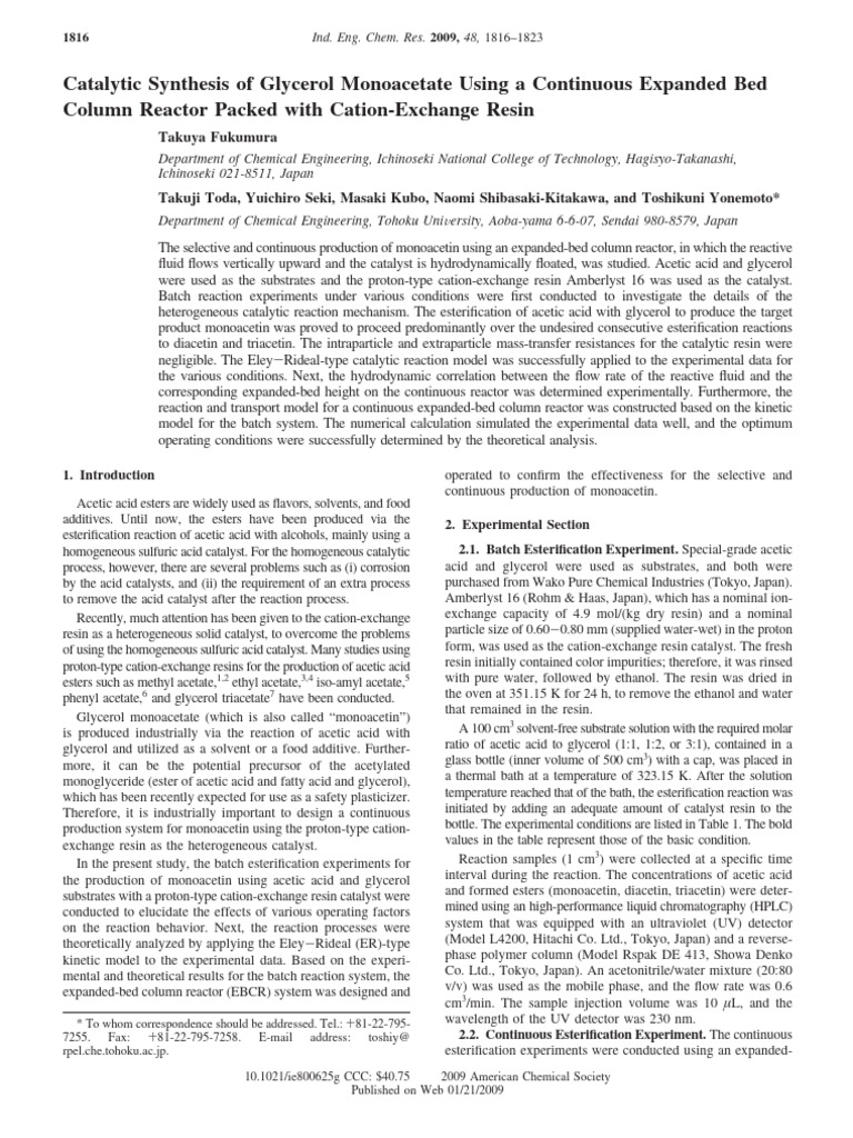 Catalytic Synthesis of Glycerol Monoacetate Using a Continuous Expanded ...