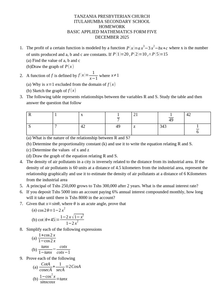 Basic Applied Mathematics Homework Guide | PDF | Function (Mathematics ...