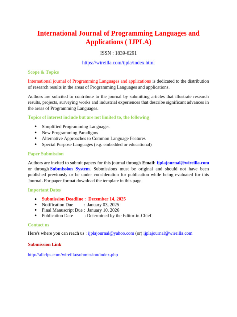 International Journal of Programming Languages and Applications (IJPLA ...
