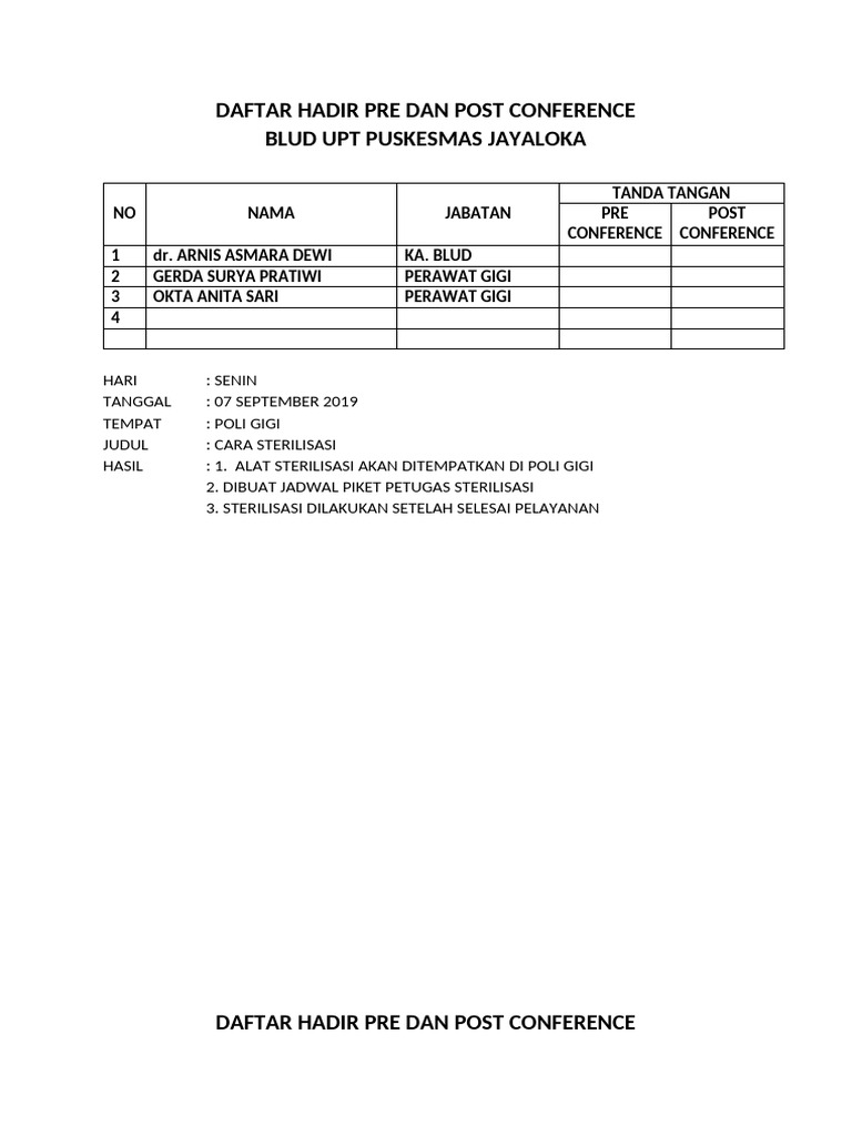 Daftar Hadir Pre Dan Post Conference - Copy - Copy | PDF