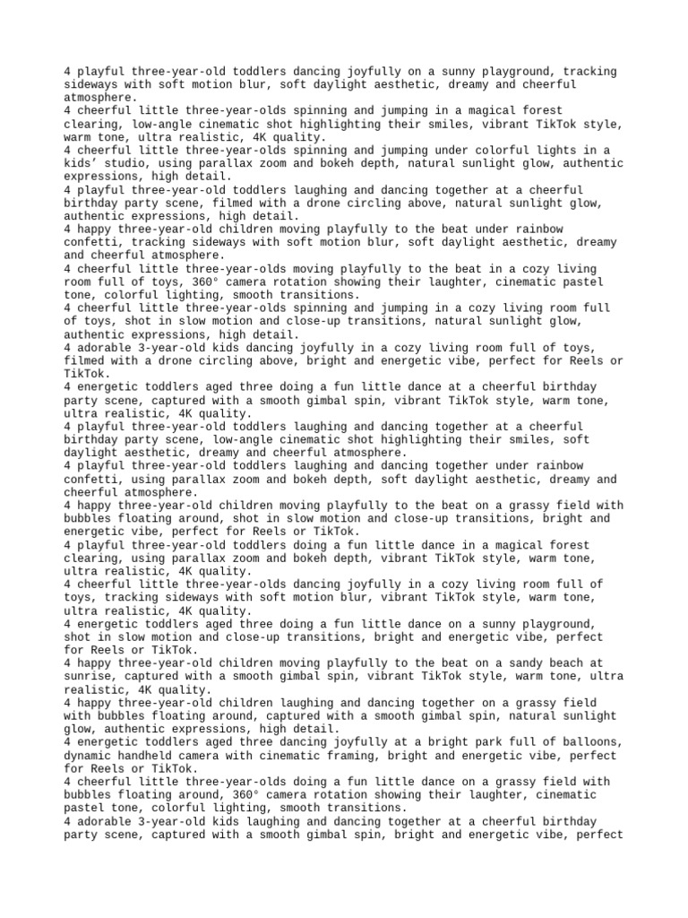 Veo3 100 Prompts 3yo Kids Dancing | PDF | Camera | Imaging