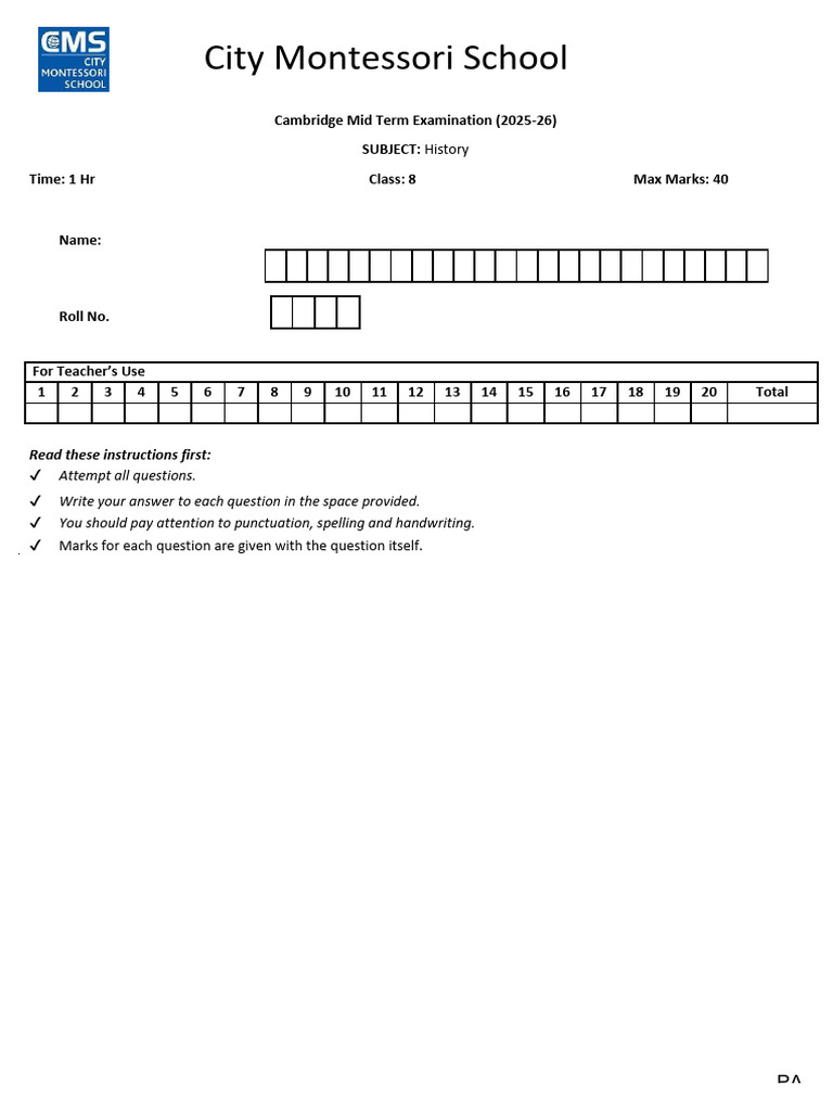 History MidTerm 2 Class 8 | PDF