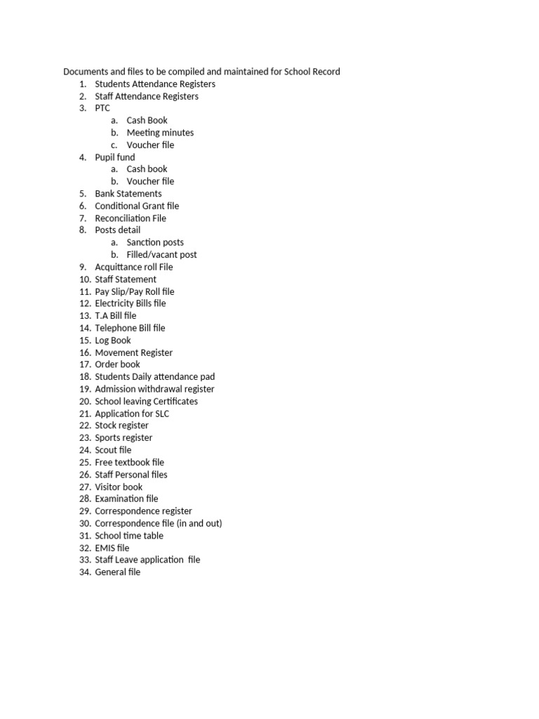 Documents and Files To Be Compiled and Maintained For School Record | PDF