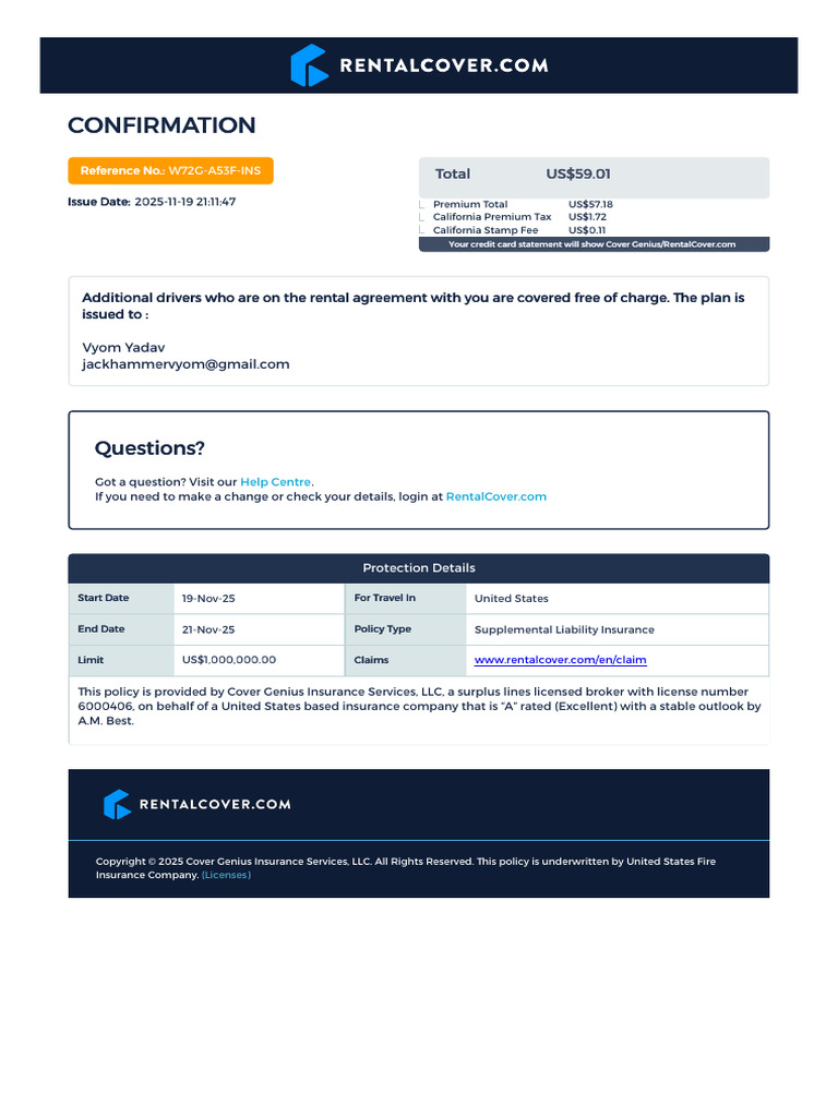 Supplemental Liability Insurance Confirmation | PDF