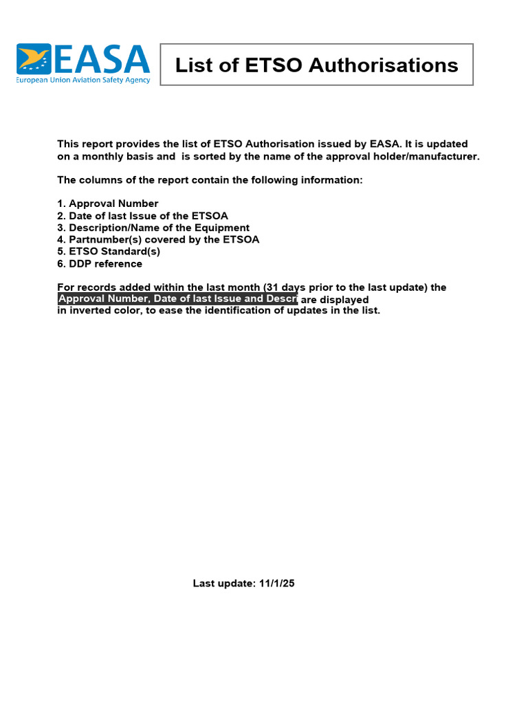 Monthly ETSO Authorisation Report | PDF | Aviation | Aviation Safety