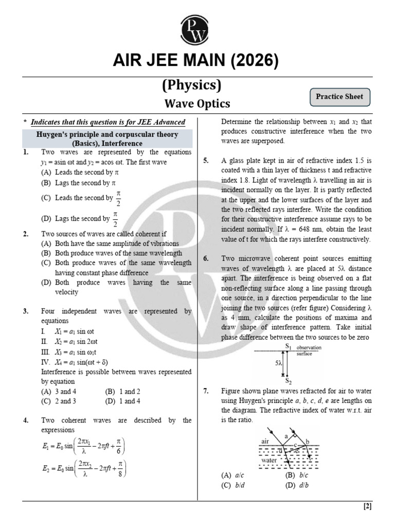 Wave Optics - JEE Main Booklet - AIR JEE MAIN 2026 (AIR) Physics | PDF ...
