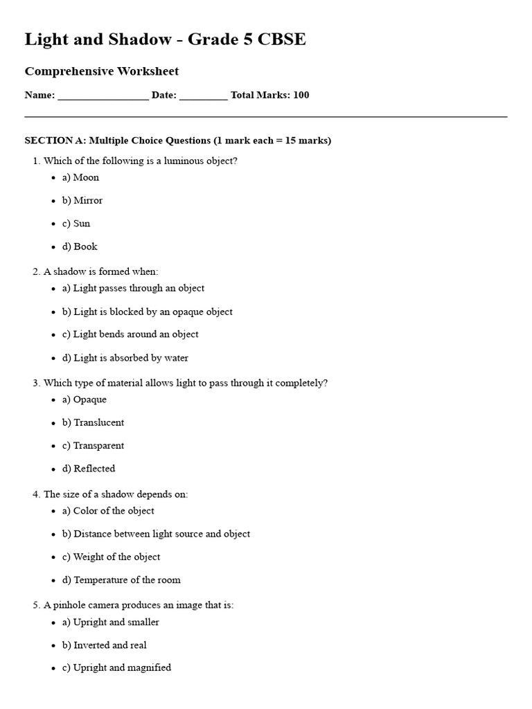 Grade 5 Light and Shadow Worksheet | PDF | Shadow | Light