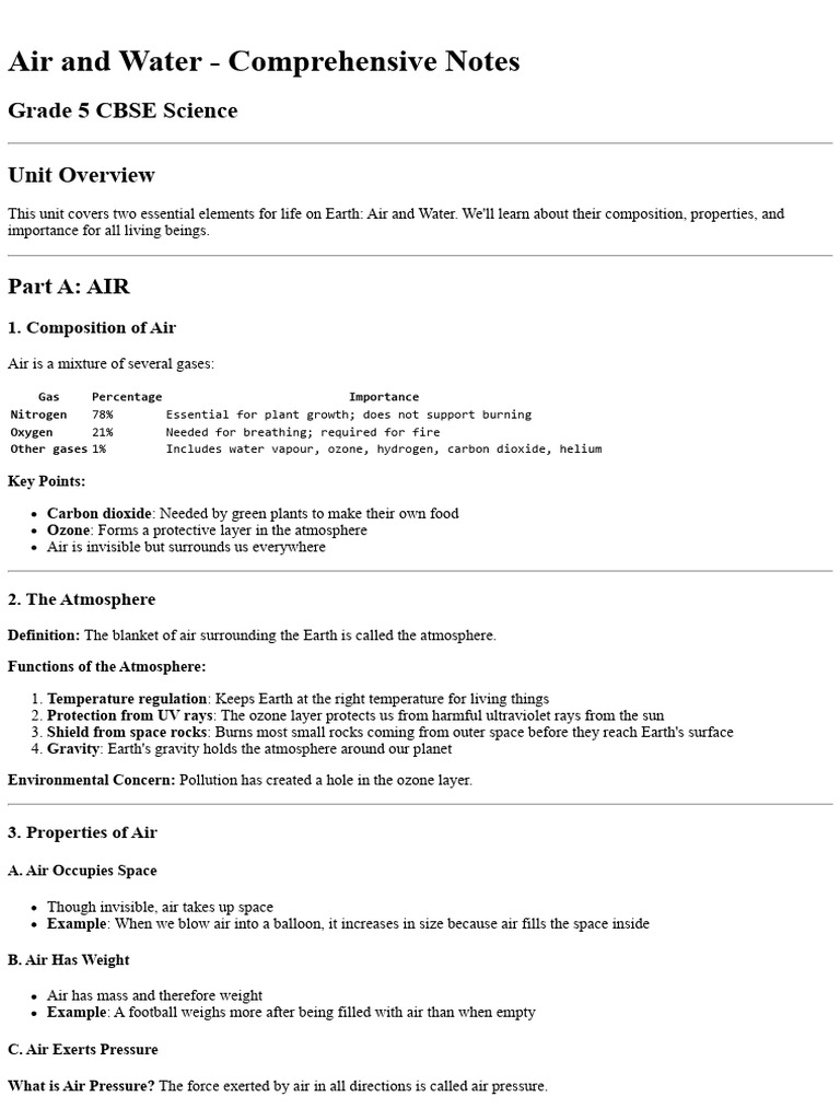 Air and Water: Grade 5 Science Notes | PDF | Atmosphere Of Earth | Water