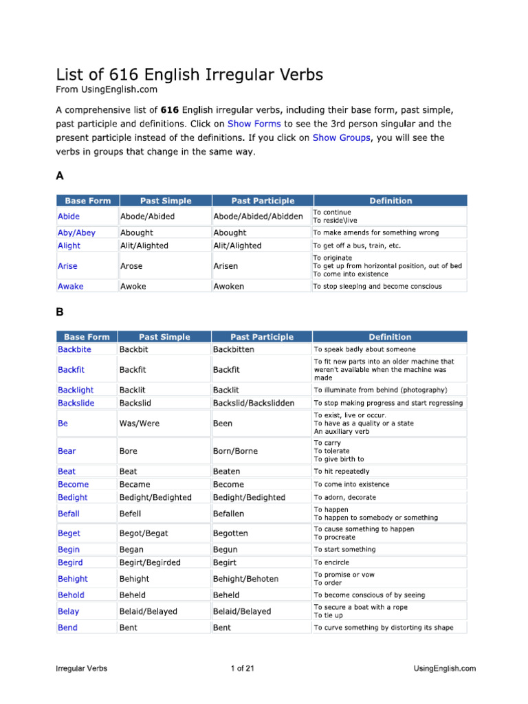 List of 616 English Irregular Verbs | PDF
