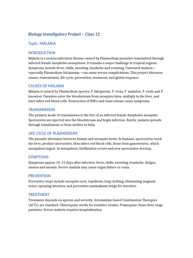 Class 12 Malaria Investigatory Project | PDF