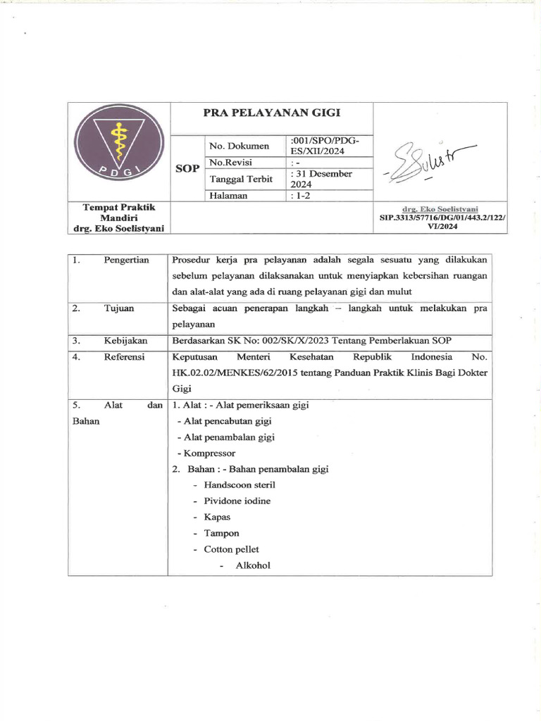 SOP Pra Pelayanan Gigi TPMDG Eko Soelistyani | PDF