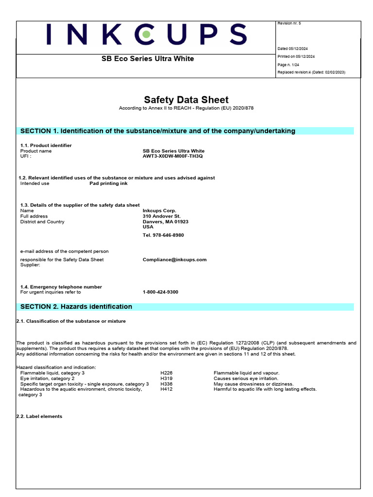 Safety Data Sheet for SB Eco Ultra White | PDF | Occupational Safety ...
