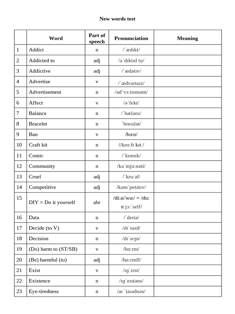 New Words Test E8 | PDF