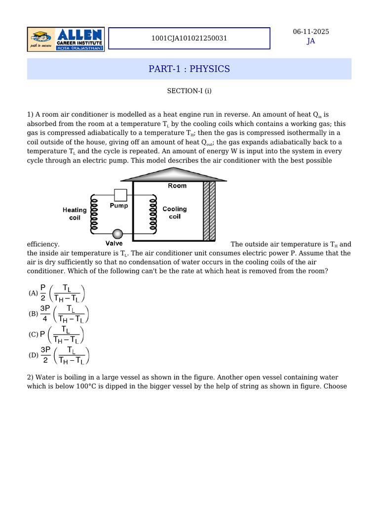 JEE Main Practice Paper | PDF | Heat | Gases