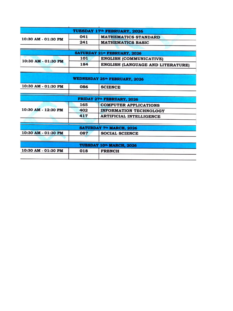 Vidushi Class 10th Timetable | PDF
