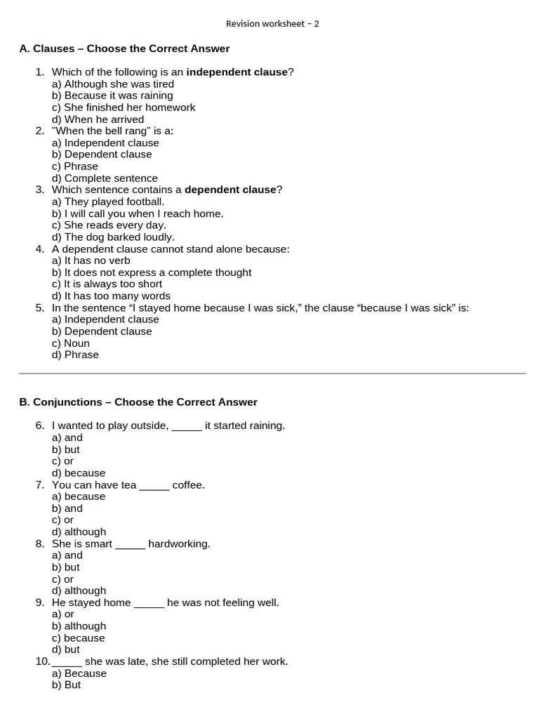 Grammar Revision Worksheet: Clauses, Conjunctions, Prepositions | PDF ...