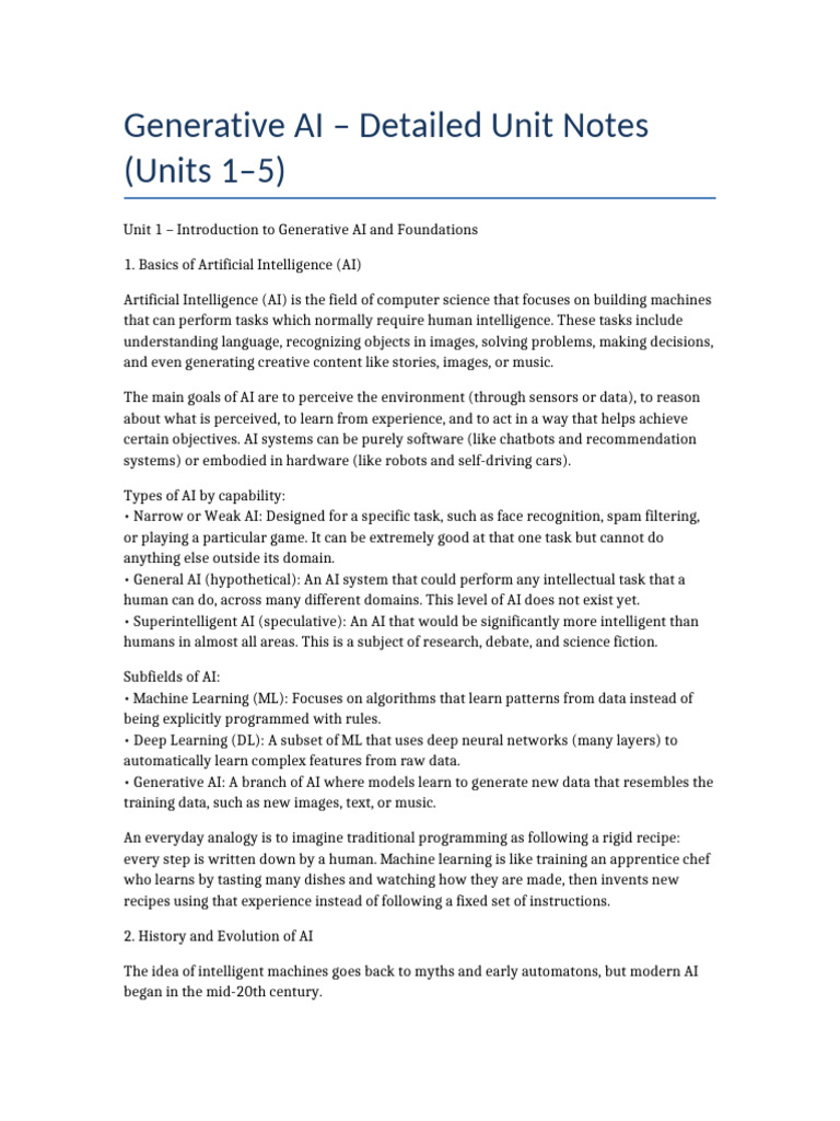 Generative AI: Comprehensive Unit Notes | PDF | Artificial Intelligence ...