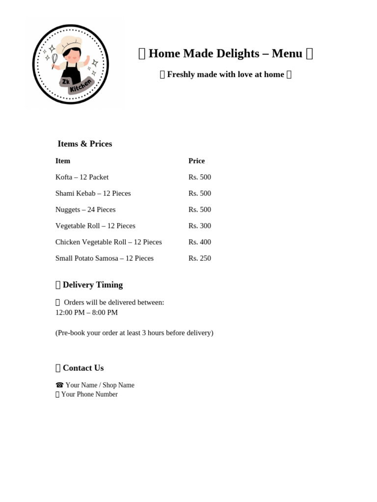 Home Delights Menu | PDF