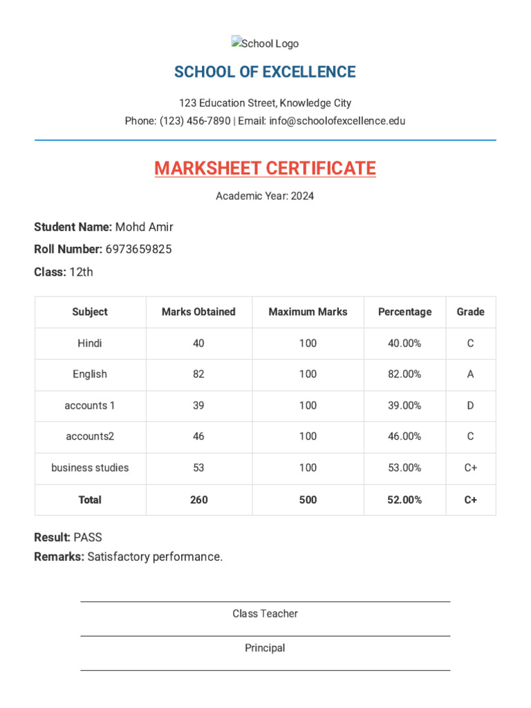 Marksheet Certificate Generator | PDF