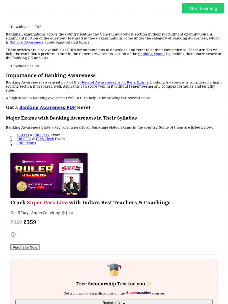 Banking Awareness for Bank Exams 2025- Get All Notes | PDF