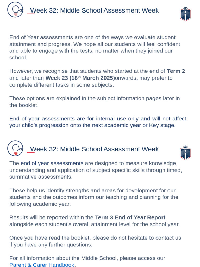 Middle School Assessment Week Guide | PDF | Educational Assessment ...