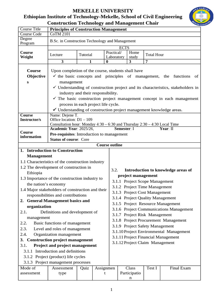 Principle of Construction ManagementCourse Plan | PDF | Project ...