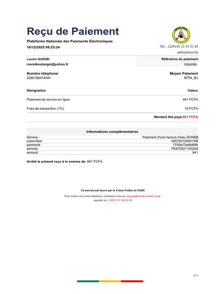 Reçu de Paiement SONEB - 951 FCFA | PDF