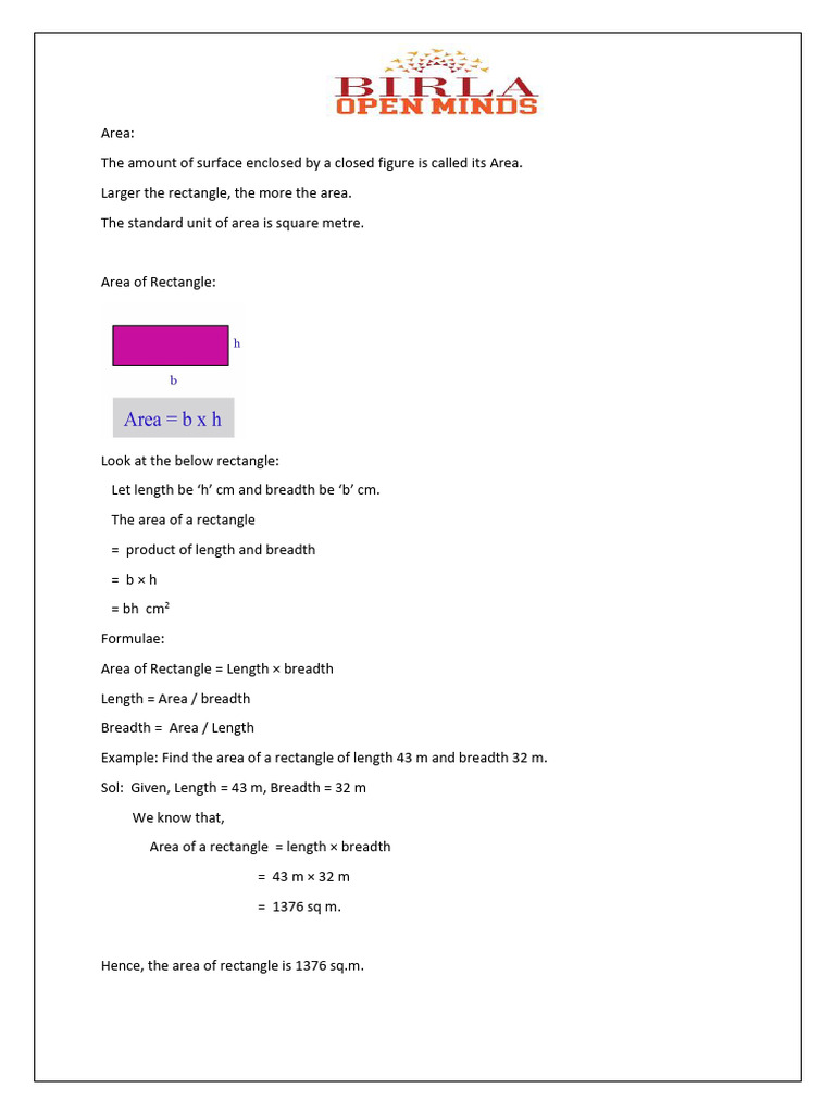 Area of Rectangle Notes and Solution | PDF