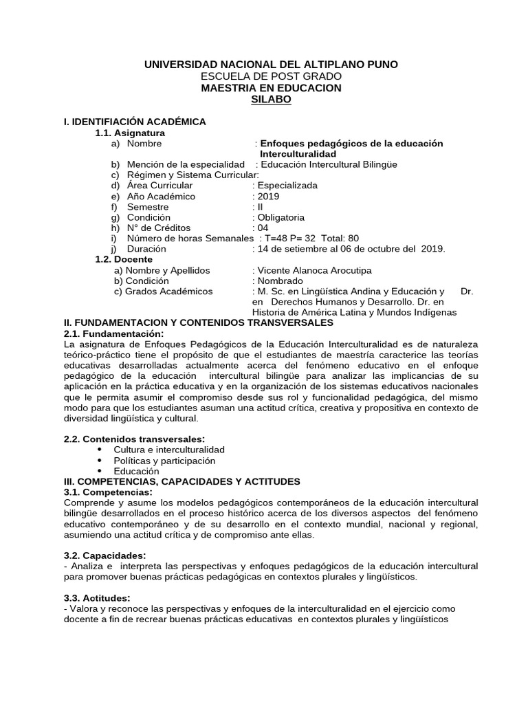SILABO ENFOQUES PED DE EDUC INTER SET 2019 II | PDF | Multilingüismo | Multiculturalismo