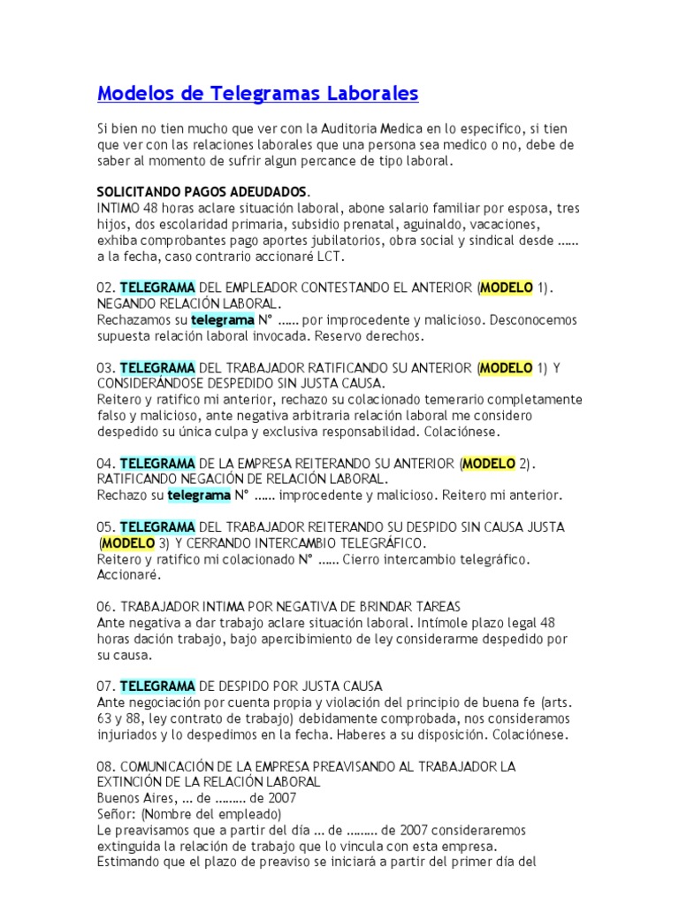 Modelos de Telegramas Laborales | PDF | Derecho laboral | Relaciones ...