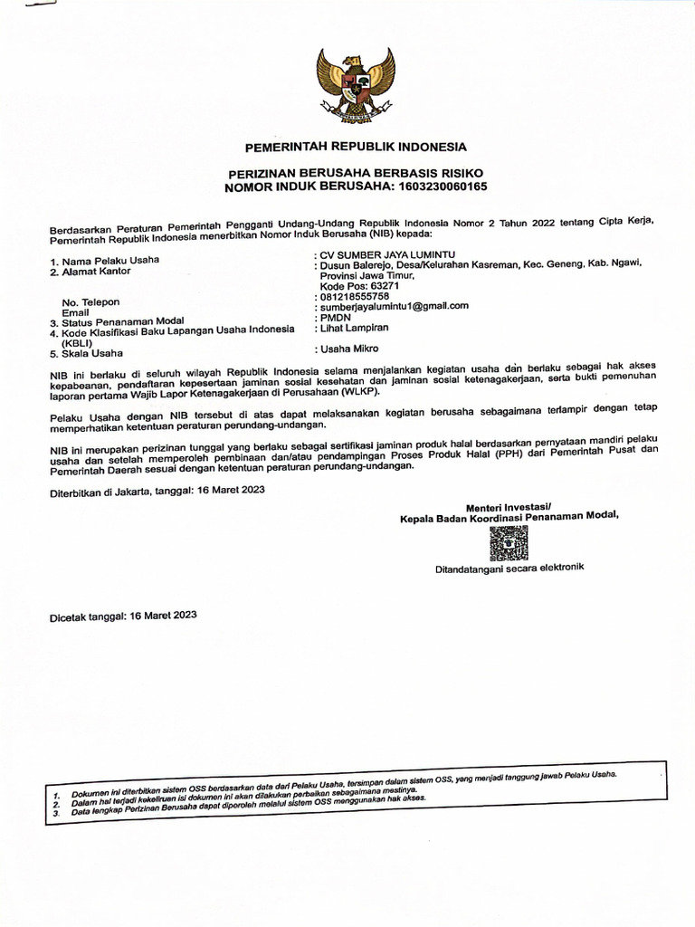 NIB Nomer Ijin Berusaha | PDF
