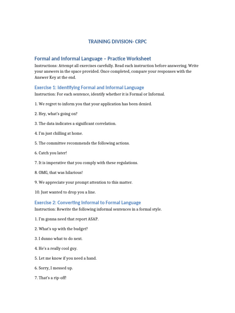 Formal and Informal Language Worksheet | PDF