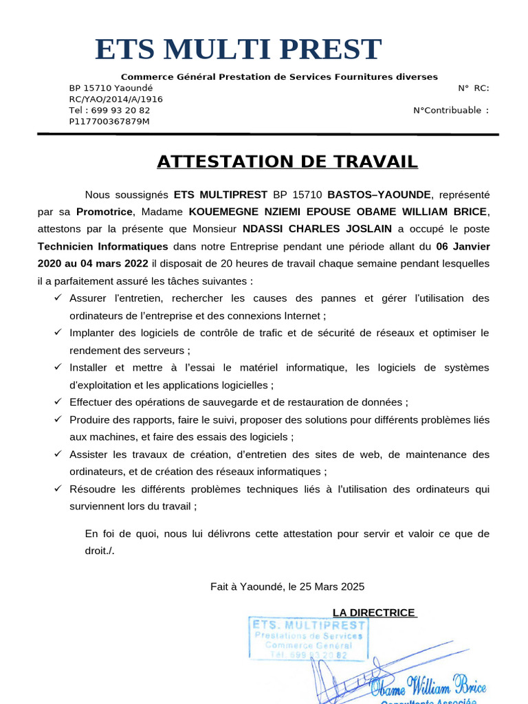 Attestation de travail Technicien Informatique | PDF