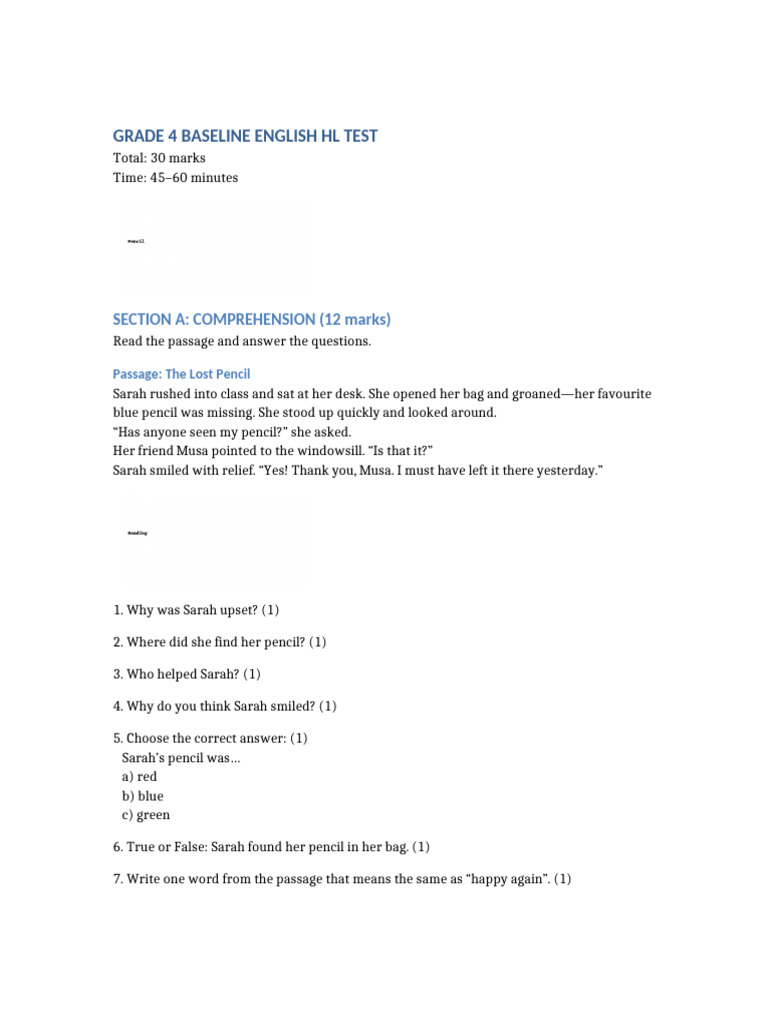 Grade4 Baseline English Test With Images | PDF