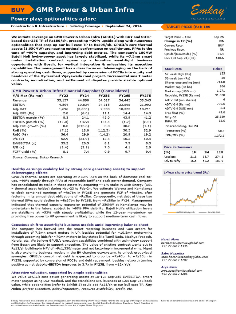 Emkay Initiates Coverage On GMR Power & Urban Infra With An UPSIDE ...