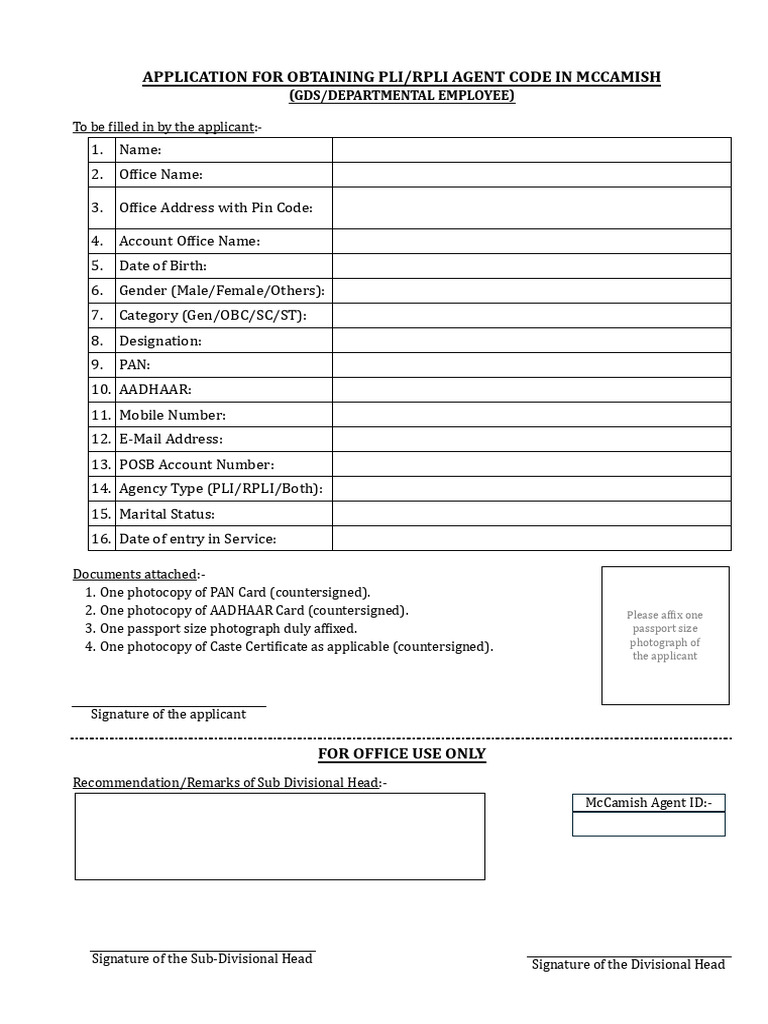 PLI/RPLI Agent Code Application Form | PDF