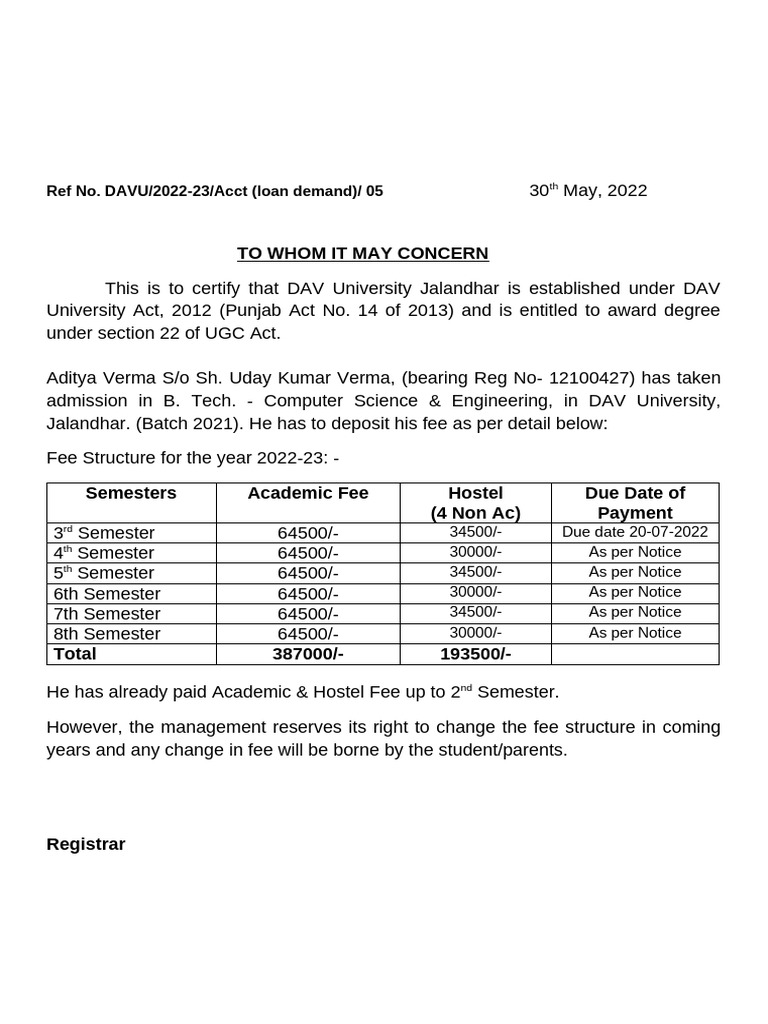 DAV University Fee Structure 2022-23 | PDF